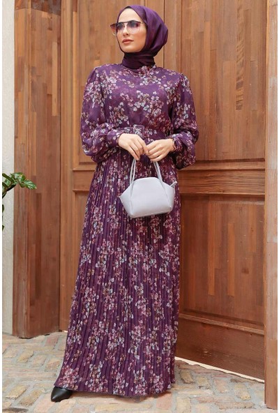 Neva Style - Çiçek Desenli Mor Tesettür Elbise 3357MOR Neva Style - Çiçek Desenli Mor Tesettür Elbise 3357MOR