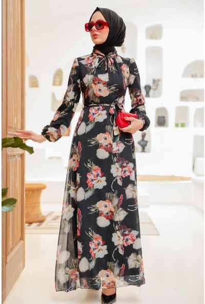 Neva Style - Çiçek Desenli Siyah Tesettür Elbise 27926S Neva Style - Çiçek Desenli Siyah Tesettür Elbise 27926S