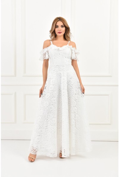 Wontis Kolları Fırfırlı Güpür Askılı Uzun Dantel Elbise
