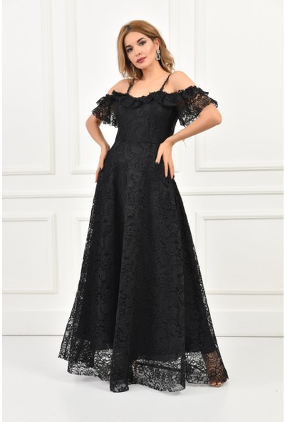 Wontis Kolları Fırfırlı Güpür Askılı Uzun Dantel Elbise