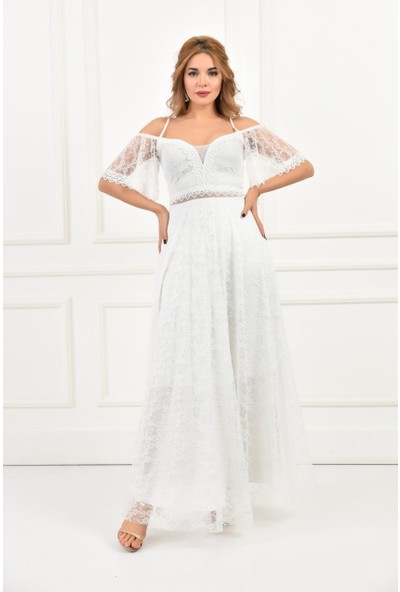 Wontis Kolları Volanlı Omuzdan Askılı Straplez Yakalı Dantel Uzun Abiye Elbise