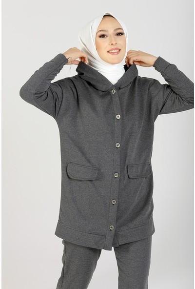 Bestenur Düğmeli Cep Detay Kapüşonlu Ikili Tesettür Takım 146 - Antrasit