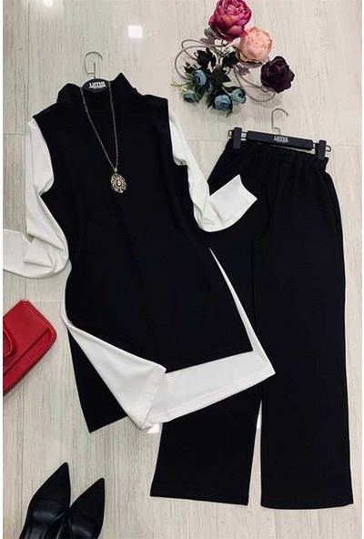 Bestenur Yan Yırtmaçlı Iç Tunikli Üçlü Takım 128 - Siyah Bestenur Yan Yırtmaçlı Iç Tunikli Üçlü Takım 128 - Siyah