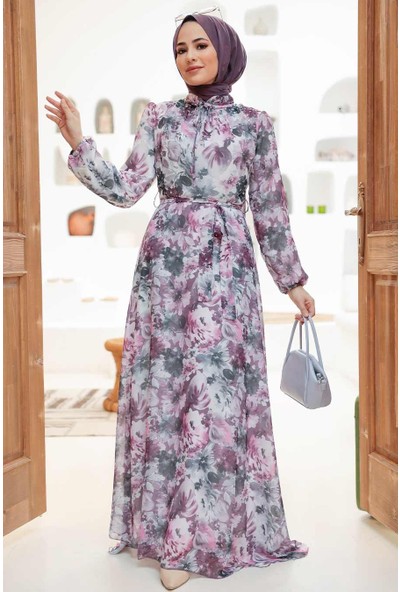 Neva Style - Çiçek Desenli Gül Kurusu Tesettür Elbise 279037GK Neva Style - Çiçek Desenli Gül Kurusu Tesettür Elbise 279037GK