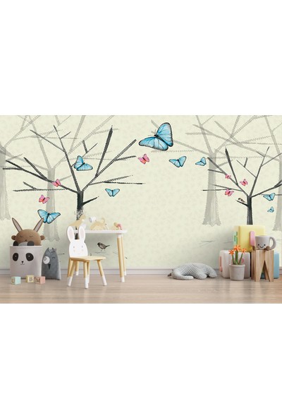 Adalı Dekor Çocuk Odası Duvar Kağıdı Ağaçlar ve Kelebek
