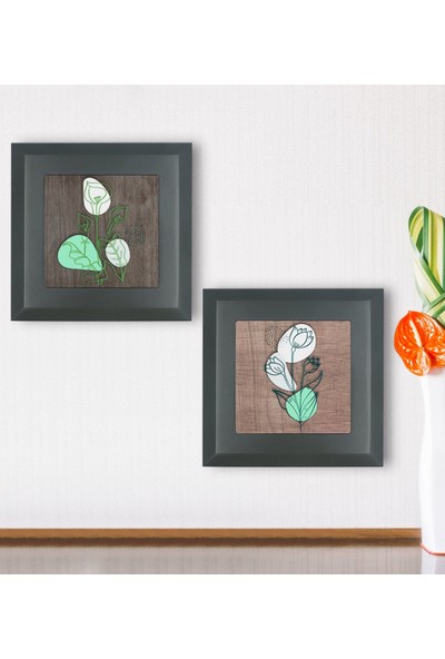 Bk Gift 2’li Minimalist Bitki Tasarımlı Ahşap Çerçeveli Taş Duvar Dekoru-52