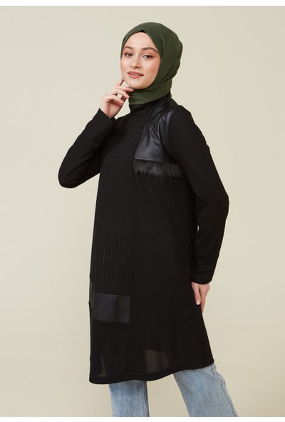 SETRMS Siyah Deri Garnili Triko Tunik 2214146 SETRMS Siyah Deri Garnili Triko Tunik 2214146