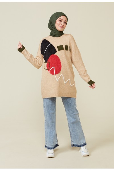 SETRMS Bej Grafik Desenli Triko Tunik 839424