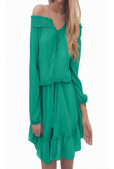 Astarlı Şifon Kumaş Yaka Bağ Detaylı Elbise