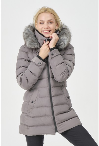 Pique Kadın Kaban Kadın Suni Kürklü Çıkabilir Kapüşonlu Şişme Kaban