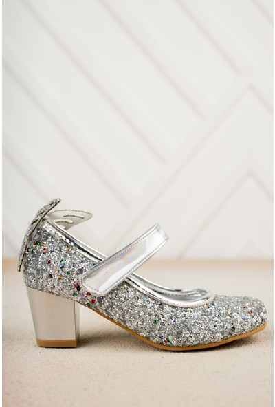 Gimer Avm Topuklu Arkası Kelebekli Gümüş Taşlı Ayakkabı