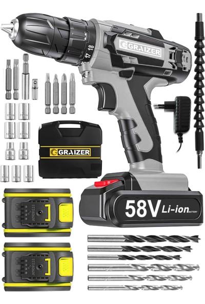 Graizer Alman 58 V 5 Ah Darbeli Bakır Sargili Şarjlı Çift Akülü Vidalama Matkap Stan Graizer Alman 58 V 5 Ah Darbeli Bakır Sargili Şarjlı Çift Akülü Vidalama Matkap Stan
