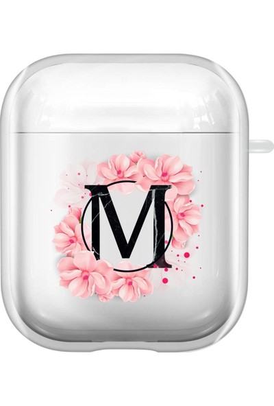 Bilişim Aksesuar Pembe Çiçek Desenli M Harfli 1. ve 2. Nesil Şeffaf Airpods Kılıfı