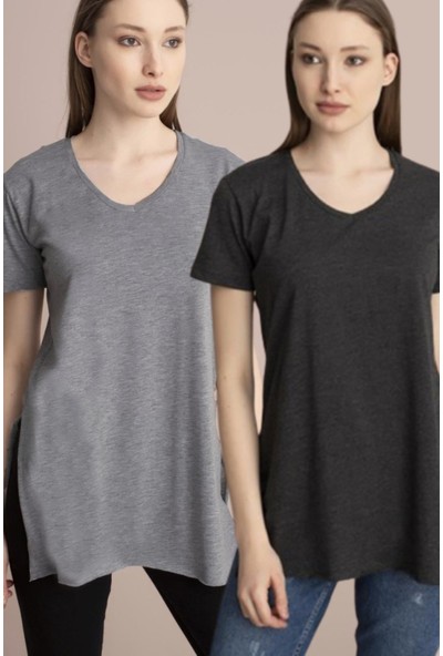 Modassa Kadın 2'li V Yaka Yırtmaçlı Oversize T-Shirt Modassa Kadın 2'li V Yaka Yırtmaçlı Oversize T-Shirt