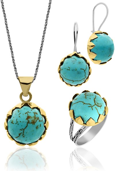 Hicret Kuyumculuk Kök Turkuaz Taşlı Otantik Gümüş Kadın Set Hicret Kuyumculuk Kök Turkuaz Taşlı Otantik Gümüş Kadın Set