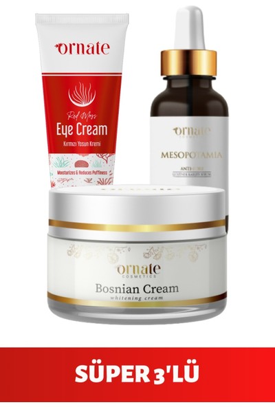 Ornate Cosmetıcs Kırmızı Yosun Kremi, Boşnak Kremi, Mezopotamya Serum Leke Karşıtı Nemlendirici Seti Ornate Cosmetıcs Kırmızı Yosun Kremi, Boşnak Kremi, Mezopotamya Serum Leke Karşıtı Nemlendirici Seti