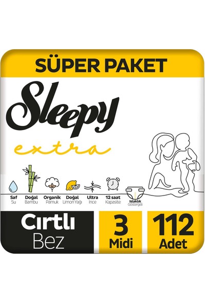 Sleepy Extra Günlük Aktivite Süper Paket Bebek Bezi 3 Numara Midi 112'LI Sleepy Extra Günlük Aktivite Süper Paket Bebek Bezi 3 Numara Midi 112'LI