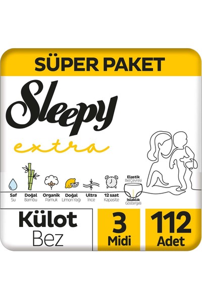 Sleepy Extra Günlük Aktivite Süper Paket Külot Bez 3 Numara Midi 112 Adet Sleepy Extra Günlük Aktivite Süper Paket Külot Bez 3 Numara Midi 112 Adet