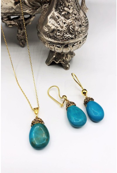 Anasons Harem Koleksiyonu Firuze Taşı El Yapımı 925 Ayar Gümüş Set Gdr4