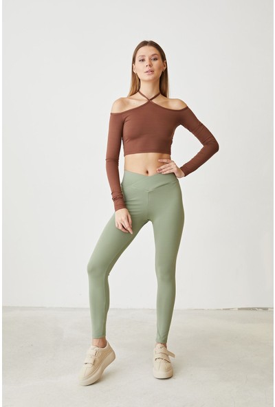 Lime Moda Çarpraz Bel Detay Tayt-Haki Lime Moda Çarpraz Bel Detay Tayt-Haki