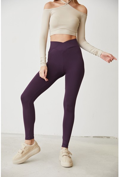 Lime Moda Çarpraz Bel Detay Tayt-Mürdüm Lime Moda Çarpraz Bel Detay Tayt-Mürdüm