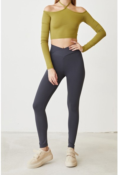 Lime Moda Çarpraz Bel Detay Tayt-Antrasit Lime Moda Çarpraz Bel Detay Tayt-Antrasit