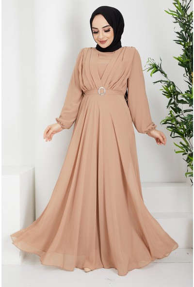 İmaj Butik Drapeli Kuşak Detaylı Tesettür Şifon Elbise/bej İmaj Butik Drapeli Kuşak Detaylı Tesettür Şifon Elbise/bej