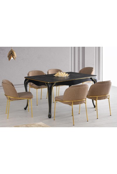 Sweet Home Açılır Sahra Salon Masası Lükens Ayak Rebap Desen + 6 Adet Limon Sandalye Gold Metal Ayak