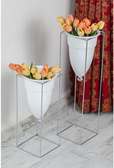 MHK Collection Gümüş Renkli 2'li Büyük Ayaklı Vazo, Çiçeklik