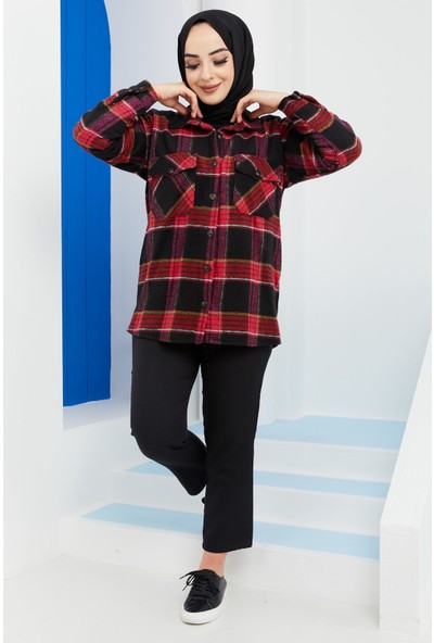 İmaj Butik Ekose Desenli Kaşe Tesettür Gömlek/kırmızı İmaj Butik Ekose Desenli Kaşe Tesettür Gömlek/kırmızı
