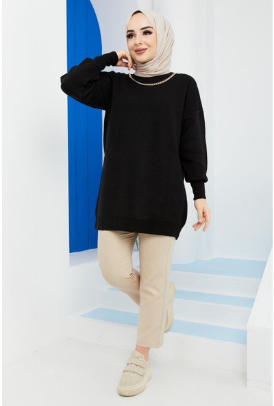 İmaj Butik Zincirli Tesettür Triko Tunik/siyah