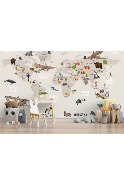 Adalı Dekor Dünya Haritası Çocuk Odası Duvar Kağıdı