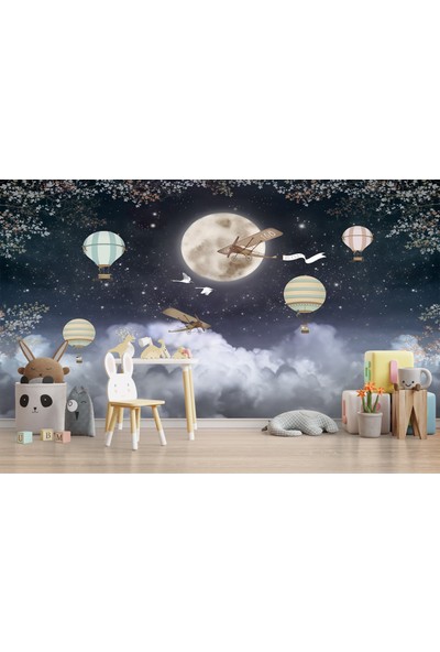 Adalı Dekor Çocuk Odası Duvar Kağıdı Uçak ve Ay Desenli