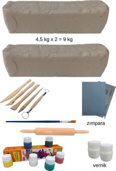 Oyun ve Sanat Seramik Hamuru 9 Kg, 5li Ahşap Ebeşuar (Modelaj Seti), Zımpara, Merdane, Guaj Boya, Fırça, Doğal Kil Çamuru Oyun ve Sanat Seramik Hamuru 9 Kg, 5li Ahşap Ebeşuar (Modelaj Seti), Zımpara, Merdane, Guaj Boya, Fırça, Doğal Kil Çamuru