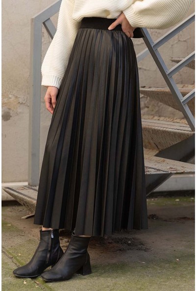 Mek-Up Beli Lastikli Deri Görünümlü Etek Siyah