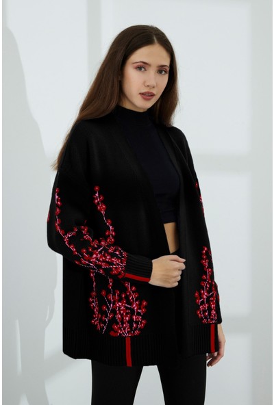 Sherin Kadın Siyah Çiçek Desenli Triko Hırka SWC4232SP