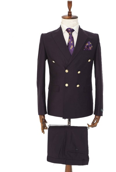 Dewsa Plus Sivri Yaka Metal Düğmeli Çift Yırtmaç Slimfit Düz Mor Kruvaze Takım Elbise Dewsa Plus Sivri Yaka Metal Düğmeli Çift Yırtmaç Slimfit Düz Mor Kruvaze Takım Elbise