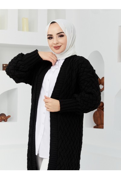 Pamuk Butik Kadın Siyah Örgülü Balon Kol Triko Hırka Pamuk Butik Kadın Siyah Örgülü Balon Kol Triko Hırka