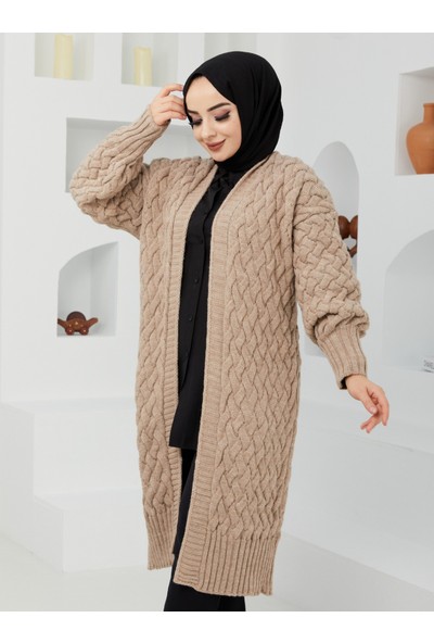 Pamuk Butik Kadın Vizon Örgülü Balon Kol Triko Hırka Pamuk Butik Kadın Vizon Örgülü Balon Kol Triko Hırka