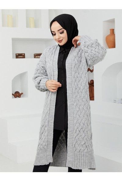 Pamuk Butik Kadın Gri Örgülü Balon Kol Triko Hırka Pamuk Butik Kadın Gri Örgülü Balon Kol Triko Hırka