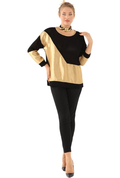 Günay Fierte Büyük Beden Kadın Bluz LM33104 Yuvarlak Yaka Uzun Kol Çift Iplik Parlak Kumaş Kombin Spor Siyah Gold Günay Fierte Büyük Beden Kadın Bluz LM33104 Yuvarlak Yaka Uzun Kol Çift Iplik Parlak Kumaş Kombin Spor Siyah Gold