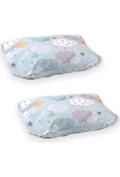 Bebek Özel lu 2'li Bebek Yastık Kılıfı (35X45 Cm) Yeşil Bulutlu/ Yıldızlı (Fermuarsız)