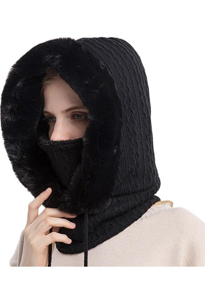 Bayan Bere Şapka Eşarp Maske Seti Kış Örme Sıcak Yüz Koruma Siyah