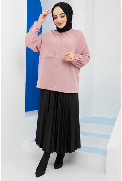 İmaj Butik Ön Cep Detaylı Tesettür Gömlek/pudra İmaj Butik Ön Cep Detaylı Tesettür Gömlek/pudra