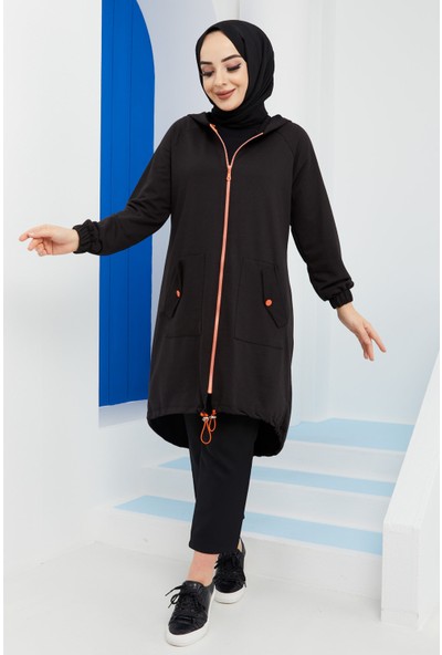 İmaj Butik Önü Kısa Arkası Uzun Kapişonlu Tesettür Kap/siyah