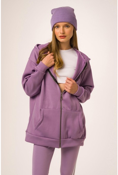 Runever Kadın Kapüşonlu Pamuklu Fermuarlı Oversize Sweatshirt 1214 Runever Kadın Kapüşonlu Pamuklu Fermuarlı Oversize Sweatshirt 1214