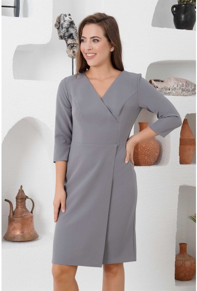 Carmen Gri Krep Yarım Kol Büyük Beden Abiye Elbise