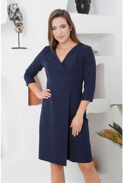 Carmen Lacivert Krep Yarım Kol Büyük Beden Abiye Elbise