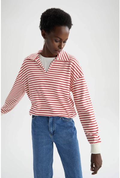 DeFacto Regular Fit Polo Yaka Çizgili Uzun Kollu SWEATSHIRT W1431AZ21WN