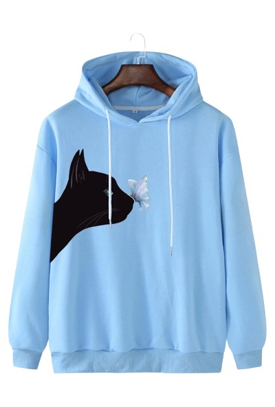 Black Sokak Blacksokak Kadın Mavi Kedi Baskılı Oversize Kapüşonlu Sweatshirt Black Sokak Blacksokak Kadın Mavi Kedi Baskılı Oversize Kapüşonlu Sweatshirt